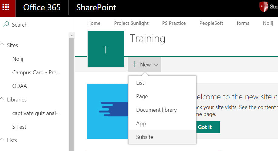 Comment créer SharePoint Subsite?